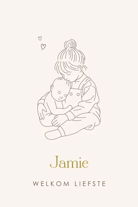 Lijntekening geboortekaartje met baby en grote zus