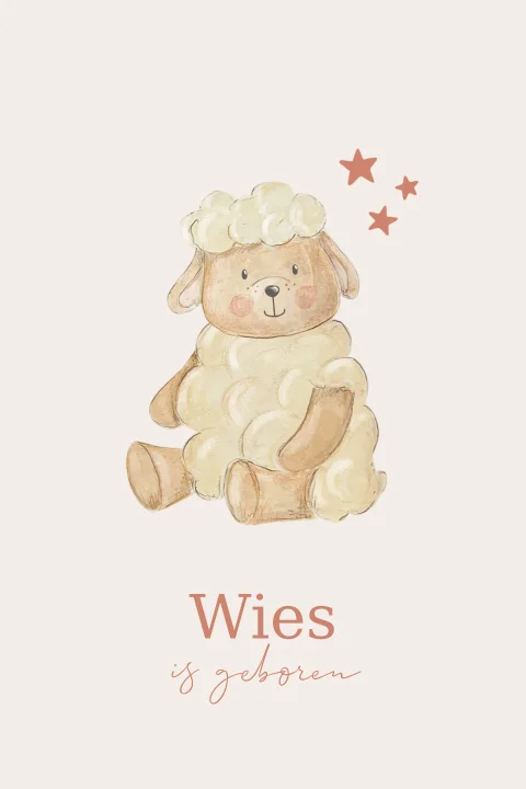 Getekend geboortekaartje met schaap en sterren