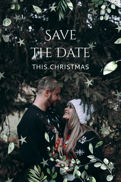 Kerst Save the Date kaart met foto en blaadjes