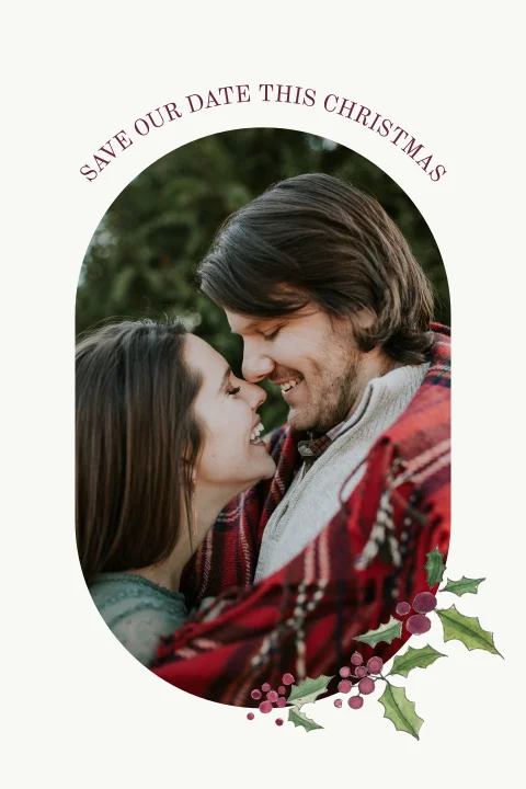 Kerst Save the Date kaart met een foto en blaadjes