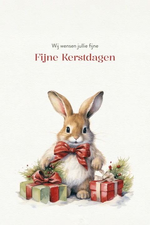Lieve aquarel kerstkaart konijn met cadeautjes en rode strik