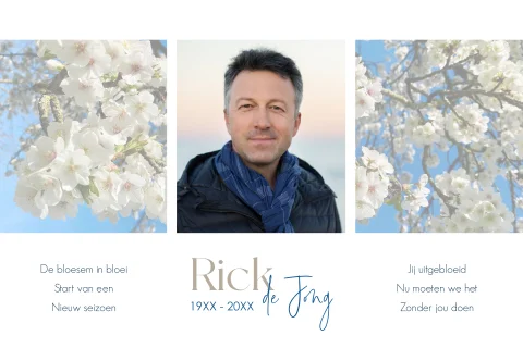 Rouwkaart met witte bloesem en portret in zachte lentetinten