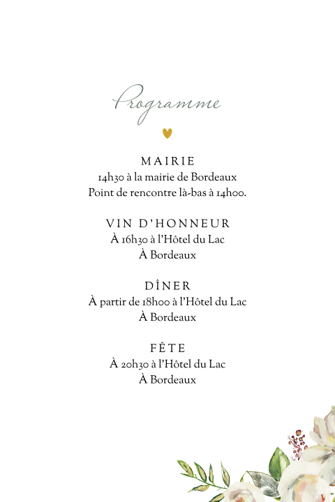 Feuillet avec le programme du jour, des fleurs et un cœur