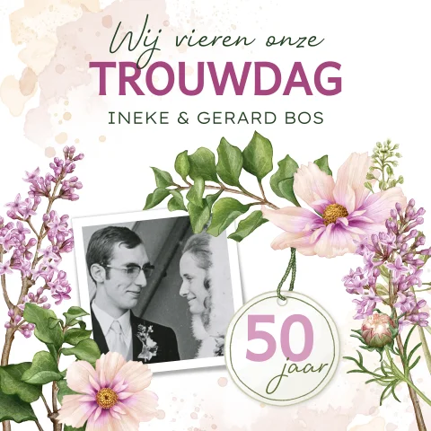 Jubileum uitnodiging 50 jaar getrouwd met foto's en orchidee