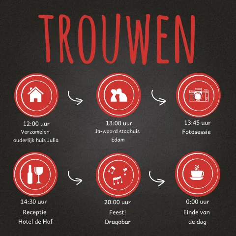 Krijtbord dagprogramma trouwkaart tijdlijn met trouw illustraties