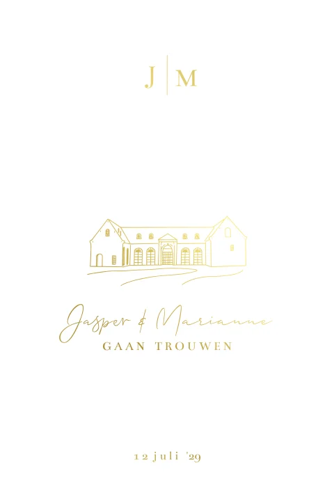 Trouwkaart geschepte kartelrand look tekening trouwlocatie molen