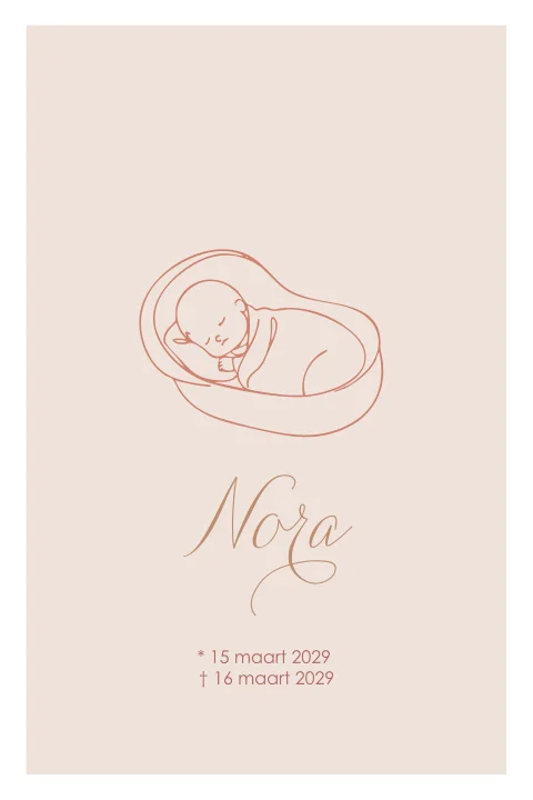 Rouwkaartje voor een overleden meisje een baby in een wiegje