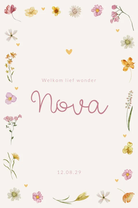 Meisjes geboortekaartje met bloemenkader en hartjes