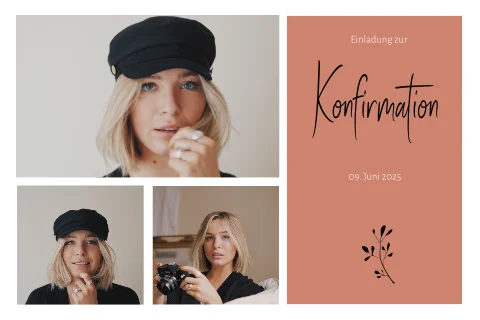 Einladung zur Konfirmation in hellrote mit drei Fotos und Zweige