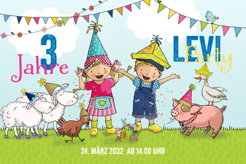 Farbenfrohe Geburtstagseinladung mit Tieren und runden Ecken